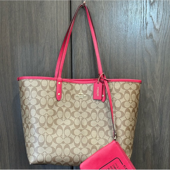 Coach | Bags | Coach Tan And Pink Monogram Tote Bag Reversible | Poshmark